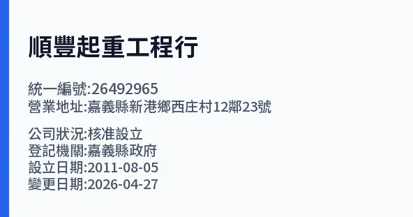 順豐起重工程行的照片-統編 26492965(嘉義縣) 公司登記資料與營業項目詳細圖表