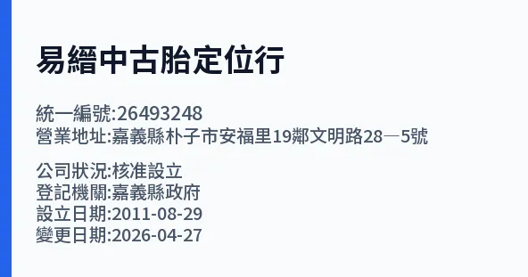 易縉中古胎定位行的照片-統編 26493248(嘉義縣) 公司登記資料與營業項目詳細圖表