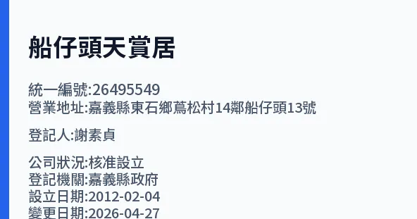 船仔頭天賞居的照片-統編 26495549(嘉義縣) 公司登記資料與營業項目詳細圖表