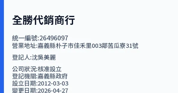 全勝代銷商行的照片-統編 26496097(嘉義縣) 公司登記資料與營業項目詳細圖表