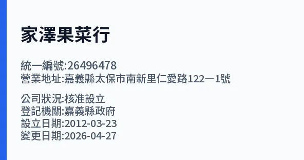 家澤果菜行的照片-統編 26496478(嘉義縣) 公司登記資料與營業項目詳細圖表