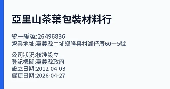 亞里山茶葉包裝材料行的照片-統編 26496836(嘉義縣) 公司登記資料與營業項目詳細圖表