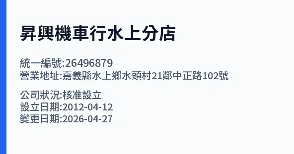 昇興機車行水上分店的照片-統編 26496879(嘉義縣) 公司登記資料與營業項目詳細圖表