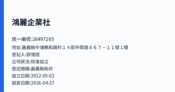 鴻麗企業社的照片-統編 26497265(嘉義縣) 公司登記資料與營業項目詳細圖表
