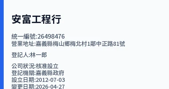 安富工程行的照片-統編 26498476(嘉義縣) 公司登記資料與營業項目詳細圖表
