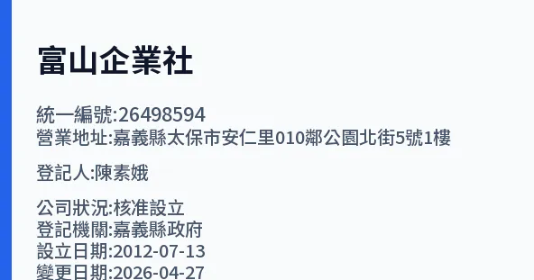 富山企業社的照片-統編 26498594(嘉義縣) 公司登記資料與營業項目詳細圖表