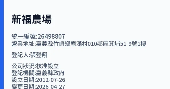 新福農場的照片-統編 26498807(嘉義縣) 公司登記資料與營業項目詳細圖表