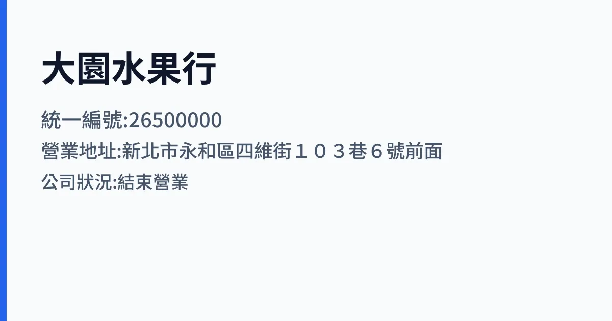 大園水果行 - 統編 26500000(新北市) 公司登記資料與營業項目詳細圖表