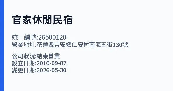 官家休閒民宿的照片-統編 26500120(花蓮縣) 公司登記資料與營業項目詳細圖表
