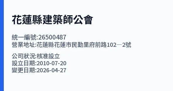 花蓮縣建築師公會的照片-統編 26500487(花蓮縣) 公司登記資料與營業項目詳細圖表