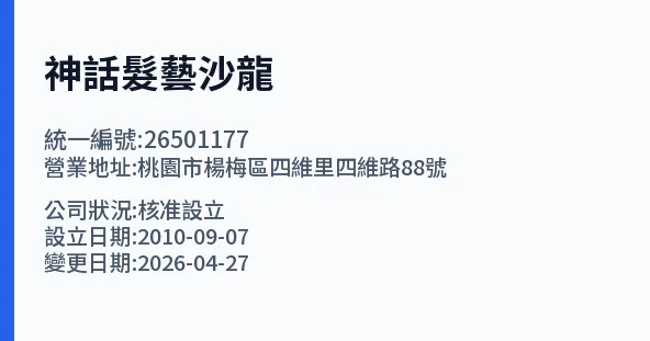 神話髮藝沙龍的照片-統編 26501177(桃園市) 公司登記資料與營業項目詳細圖表