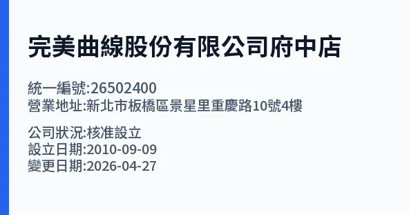完美曲線股份有限公司府中店的照片-統編 26502400(新北市) 公司登記資料與營業項目詳細圖表