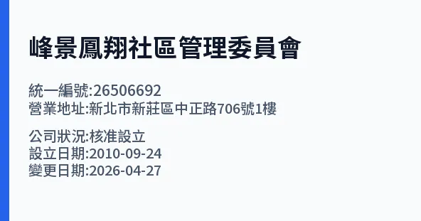 峰景鳳翔社區管理委員會的照片-統編 26506692(新北市) 公司登記資料與營業項目詳細圖表