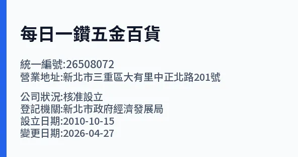 每日一鑽五金百貨的照片-統編 26508072(新北市) 公司登記資料與營業項目詳細圖表