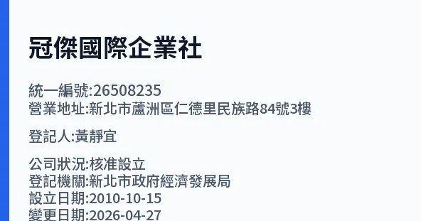 冠傑國際企業社的照片-統編 26508235(新北市) 公司登記資料與營業項目詳細圖表