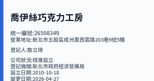 喬伊絲巧克力工房的照片-統編 26508349(新北市) 公司登記資料與營業項目詳細圖表