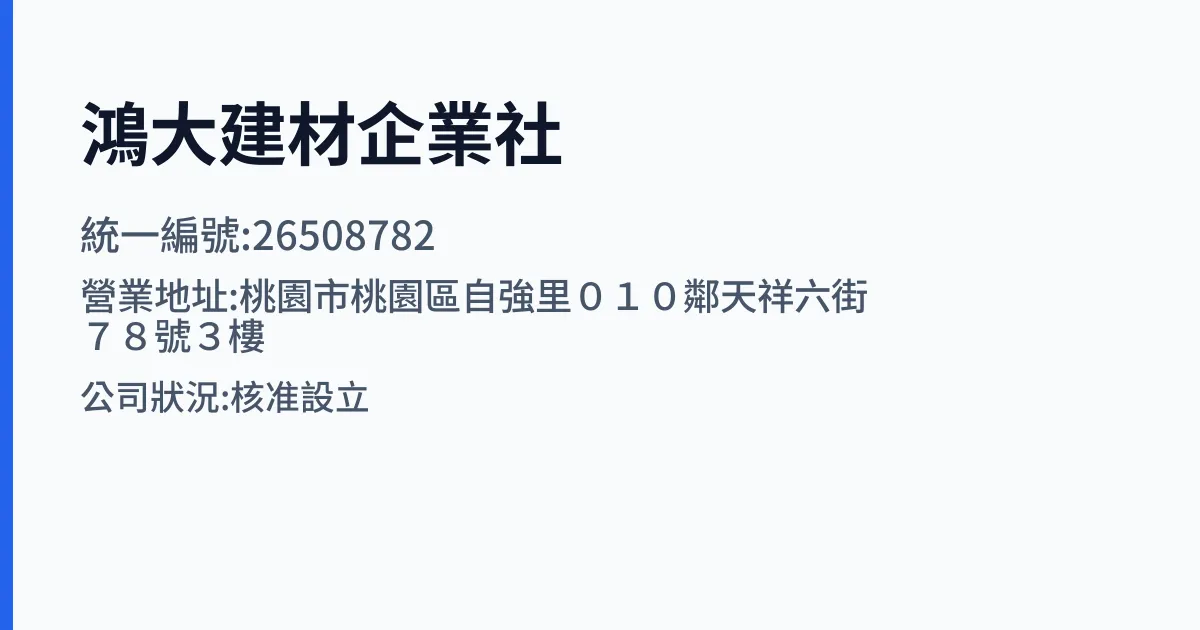 鴻大建材企業社 - 統編 26508782(桃園市) 公司登記資料與營業項目詳細圖表