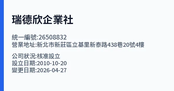 瑞德欣企業社的照片-統編 26508832(新北市) 公司登記資料與營業項目詳細圖表