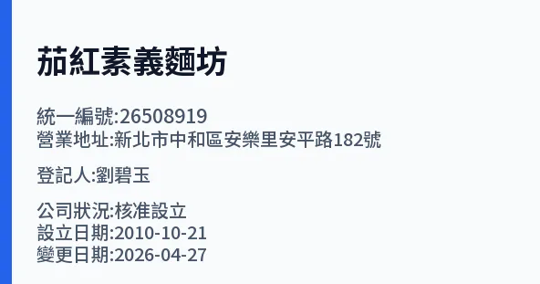 茄紅素義麵坊的照片-統編 26508919(新北市) 公司登記資料與營業項目詳細圖表
