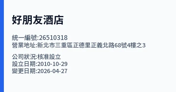 好朋友酒店的照片-統編 26510318(新北市) 公司登記資料與營業項目詳細圖表