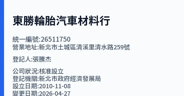 東勝輪胎汽車材料行的照片-統編 26511750(新北市) 公司登記資料與營業項目詳細圖表