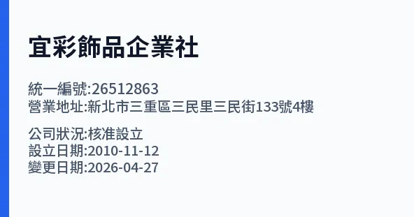 宜彩飾品企業社的照片-統編 26512863(新北市) 公司登記資料與營業項目詳細圖表