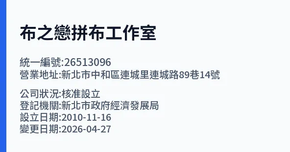 布之戀拼布工作室的照片-統編 26513096(新北市) 公司登記資料與營業項目詳細圖表