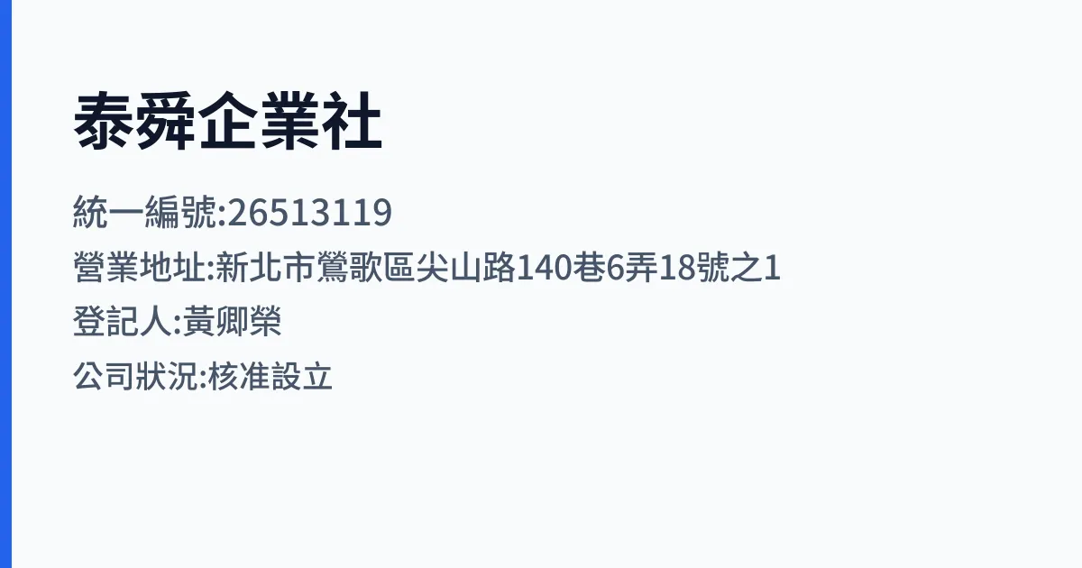 泰舜企業社 - 統編 26513119(新北市) 公司登記資料與營業項目詳細圖表