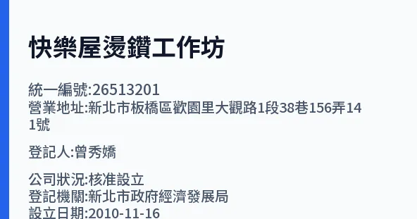 快樂屋燙鑽工作坊的照片-統編 26513201(新北市) 公司登記資料與營業項目詳細圖表
