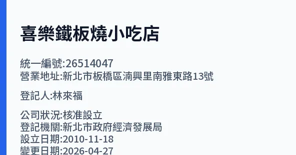 喜樂鐵板燒小吃店的照片-統編 26514047(新北市) 公司登記資料與營業項目詳細圖表