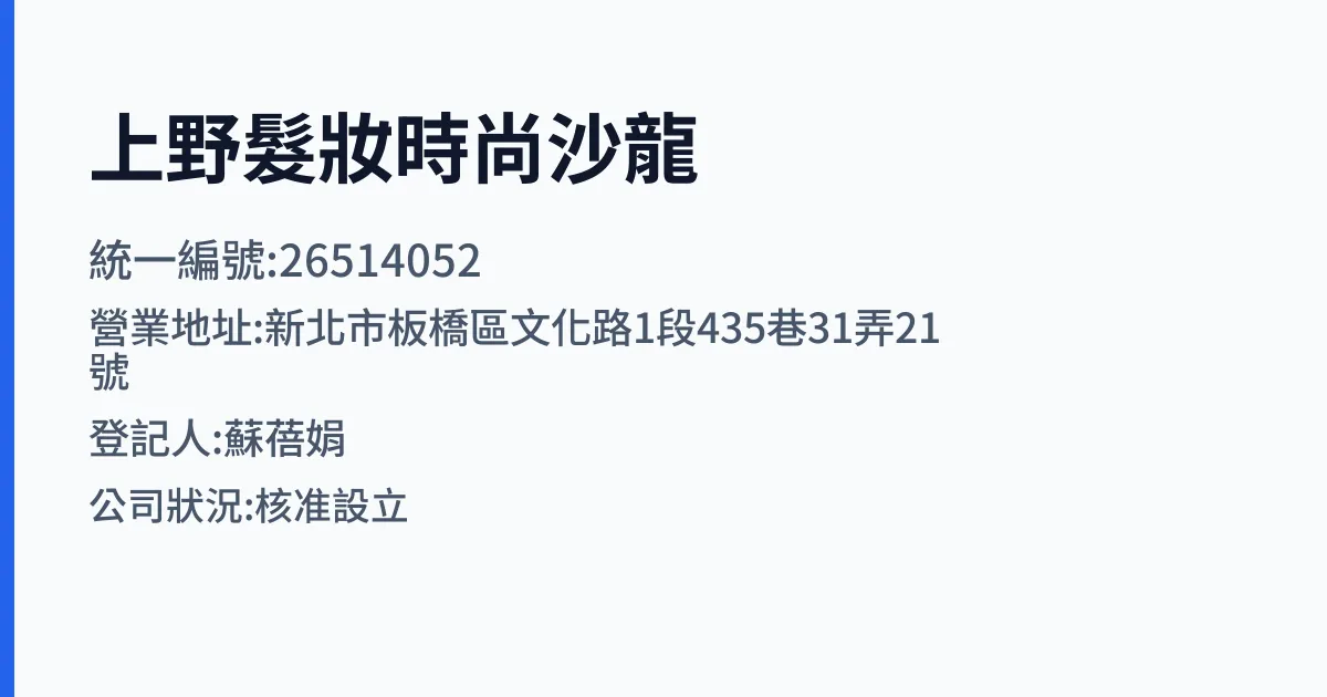 上野髮妝時尚沙龍 - 統編 26514052（新北市） 公司登記資料與營業項目詳細圖表