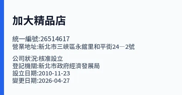 加大精品店的照片-統編 26514617(新北市) 公司登記資料與營業項目詳細圖表