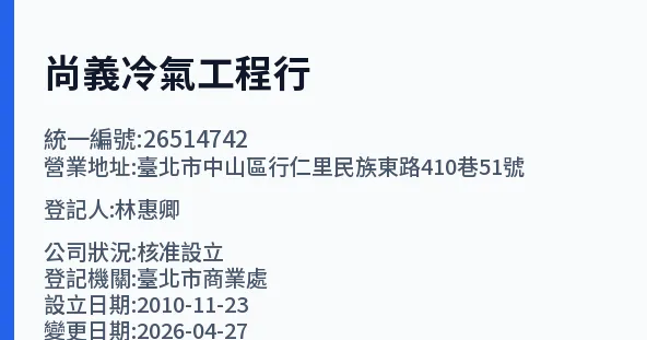 尚義冷氣工程行的照片-統編 26514742(臺北市) 公司登記資料與營業項目詳細圖表