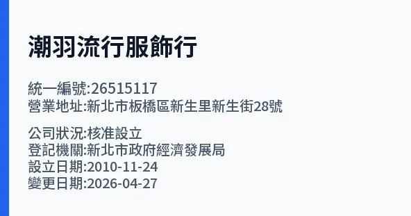 潮羽流行服飾行的照片-統編 26515117(新北市) 公司登記資料與營業項目詳細圖表