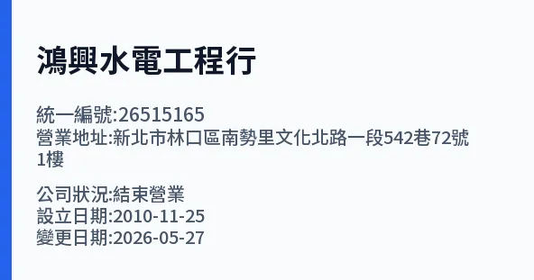 鴻興水電工程行的照片-統編 26515165(新北市) 公司登記資料與營業項目詳細圖表