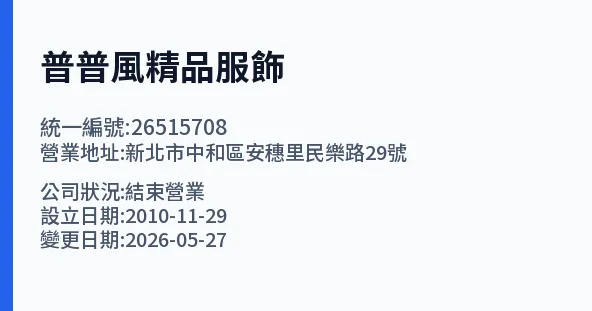 普普風精品服飾的照片-統編 26515708(新北市) 公司登記資料與營業項目詳細圖表