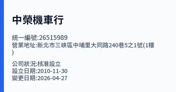 中榮機車行的照片-統編 26515989(新北市) 公司登記資料與營業項目詳細圖表