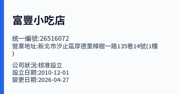 富豐小吃店的照片-統編 26516072(新北市) 公司登記資料與營業項目詳細圖表