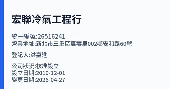 宏聯冷氣工程行的照片-統編 26516241(新北市) 公司登記資料與營業項目詳細圖表