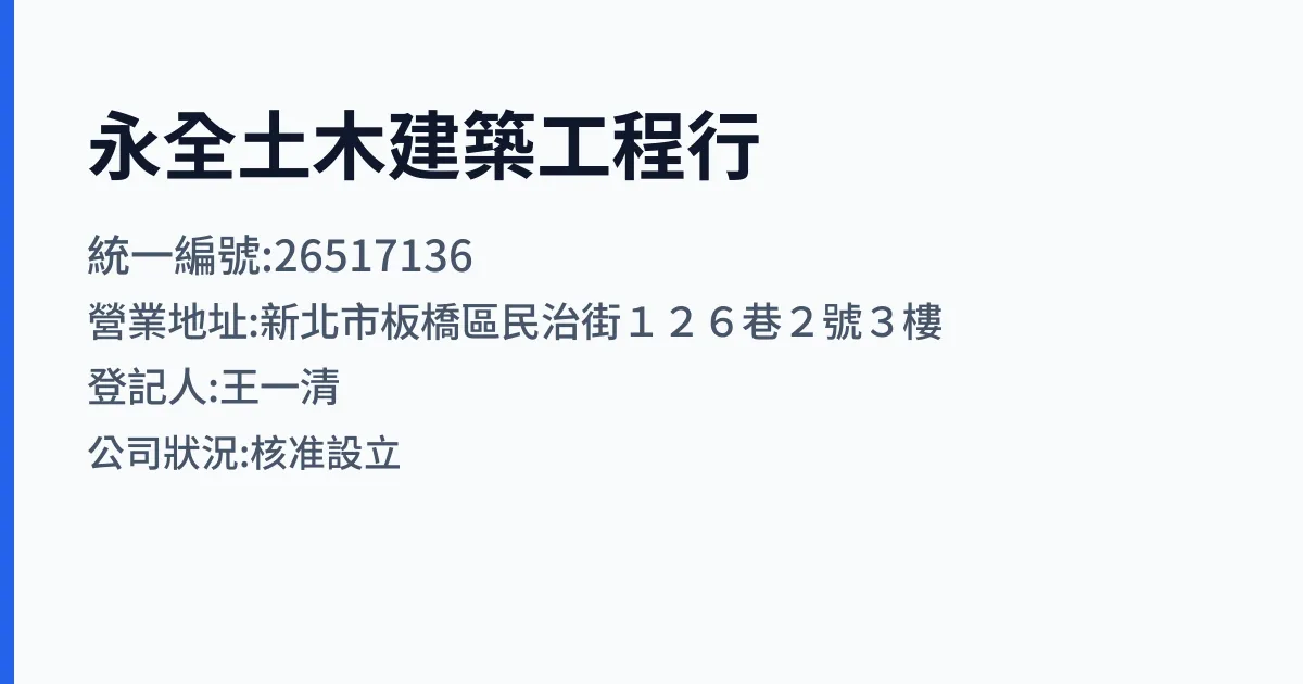 永全土木建築工程行 - 統編 26517136(新北市) 公司登記資料與營業項目詳細圖表