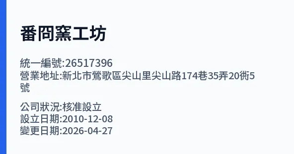 番冏窯工坊的照片-統編 26517396(新北市) 公司登記資料與營業項目詳細圖表