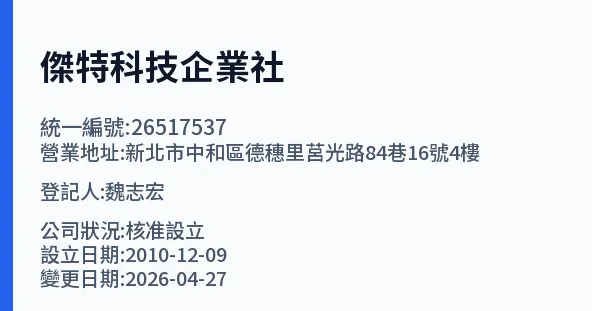 傑特科技企業社的照片-統編 26517537(新北市) 公司登記資料與營業項目詳細圖表