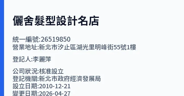 儷舍髮型設計名店的照片-統編 26519850(新北市) 公司登記資料與營業項目詳細圖表