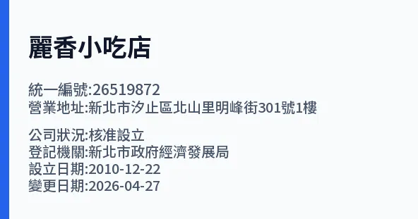 麗香小吃店的照片-統編 26519872(新北市) 公司登記資料與營業項目詳細圖表