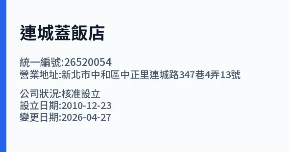 連城蓋飯店的照片-統編 26520054(新北市) 公司登記資料與營業項目詳細圖表