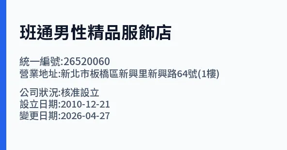 班通男性精品服飾店的照片-統編 26520060(新北市) 公司登記資料與營業項目詳細圖表