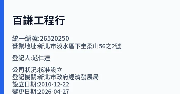 百謙工程行的照片-統編 26520250(新北市) 公司登記資料與營業項目詳細圖表