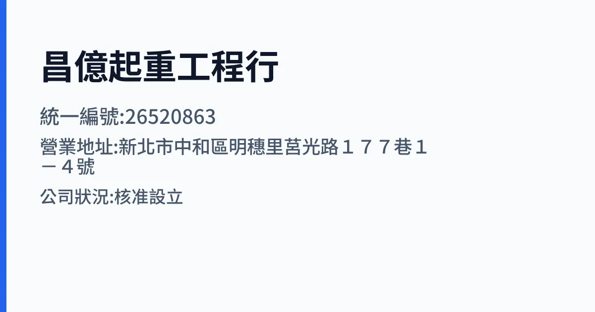 昌億起重工程行 - 統編 26520863(新北市) 公司登記資料與營業項目詳細圖表