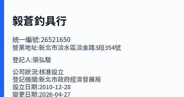 毅蒼釣具行的照片-統編 26521650(新北市) 公司登記資料與營業項目詳細圖表