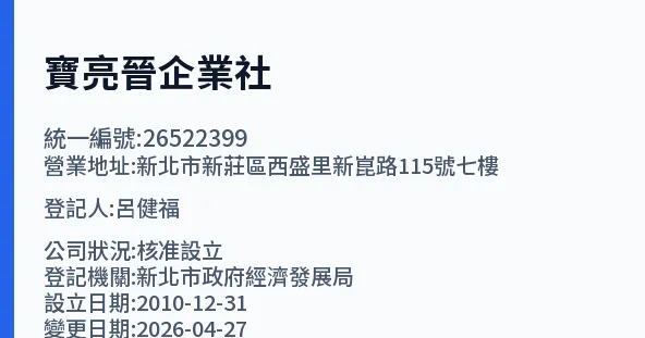 寶亮晉企業社的照片-統編 26522399(新北市) 公司登記資料與營業項目詳細圖表